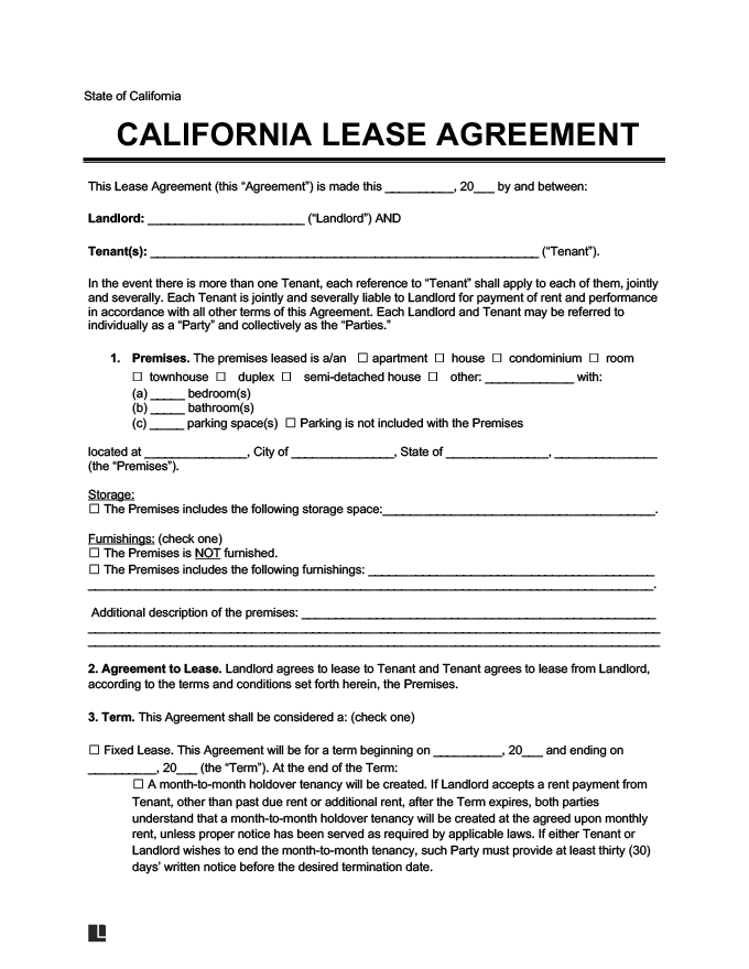 Free California Lease Agreements Residential Commercial Pdf Word Eforms 