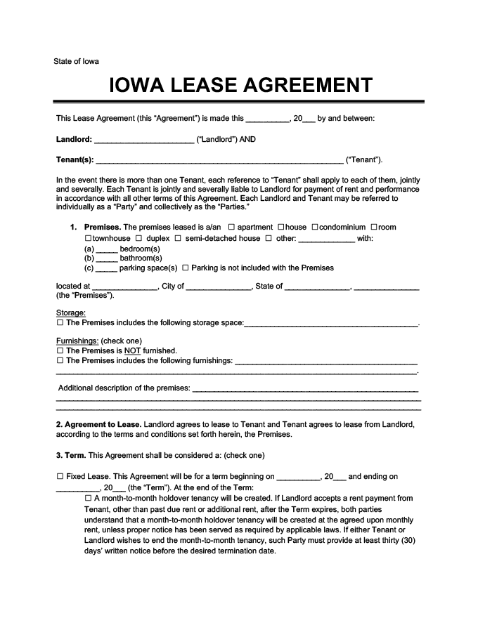 Iowa Residential Lease Rental Agreement Forms Template Free PDF