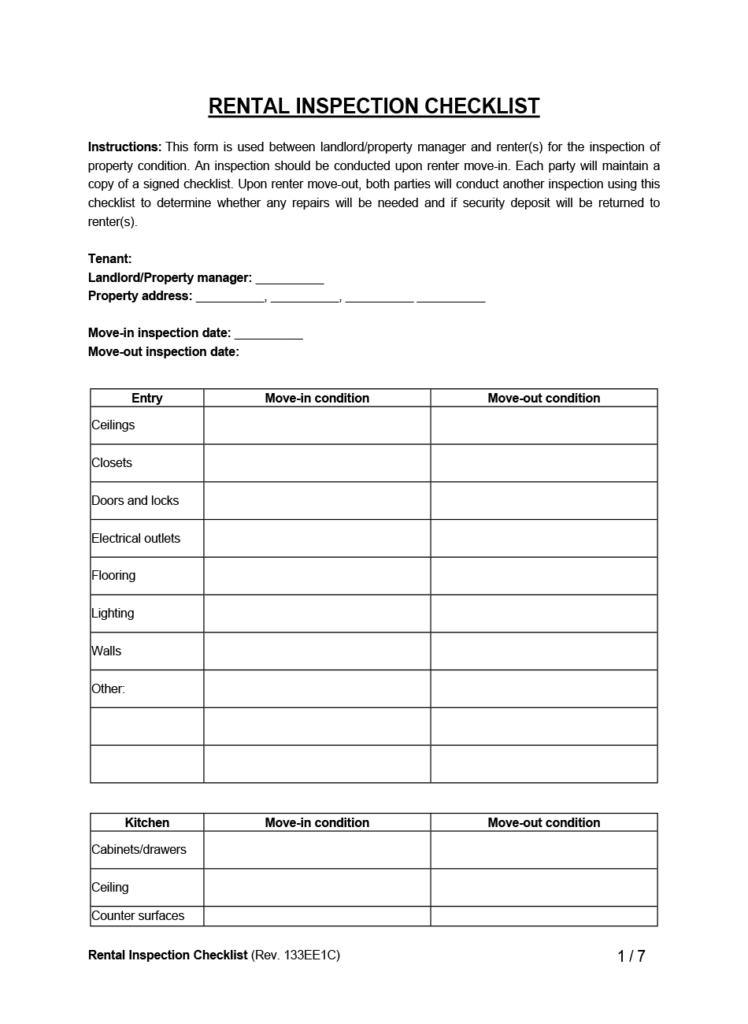 Free Rental Inspection Walkthrough Checklist Template PDF