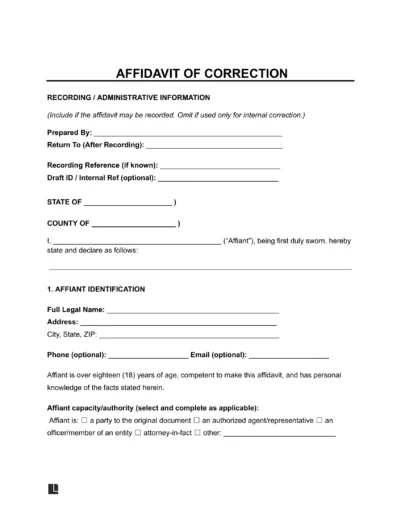 Free Affidavit of Correction Form | PDF & Word