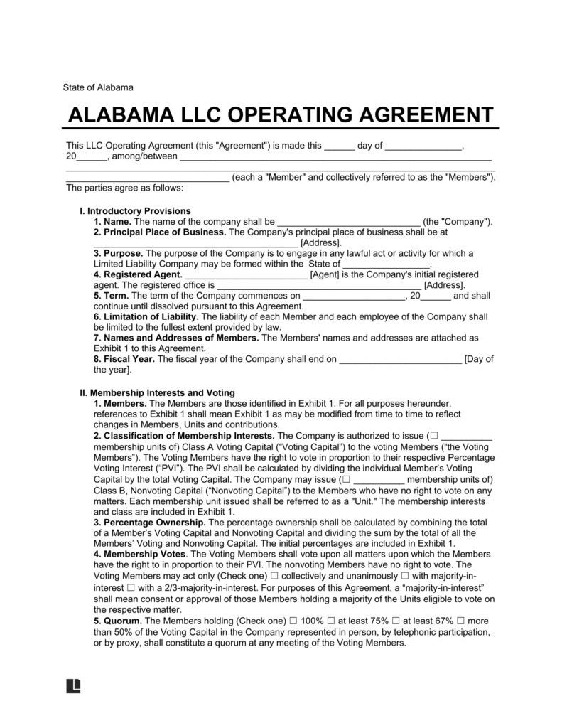 Free Alabama LLC Operating Agreement Template | PDF & Word