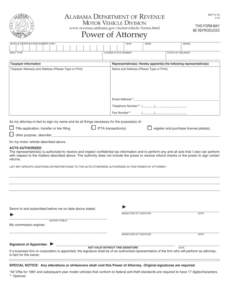 Free Alabama Motor Vehicle Power of Attorney | Form MVT 5-13 | PDF Download