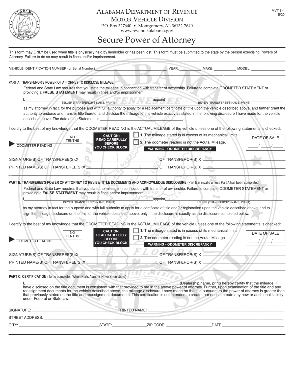 Free Alabama Motor Vehicle Power of Attorney | Form MVT 5-13 | PDF Download