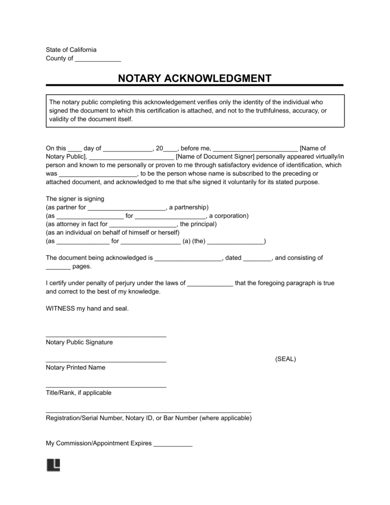 Free California Notary Acknowledgment Form | PDF & Word