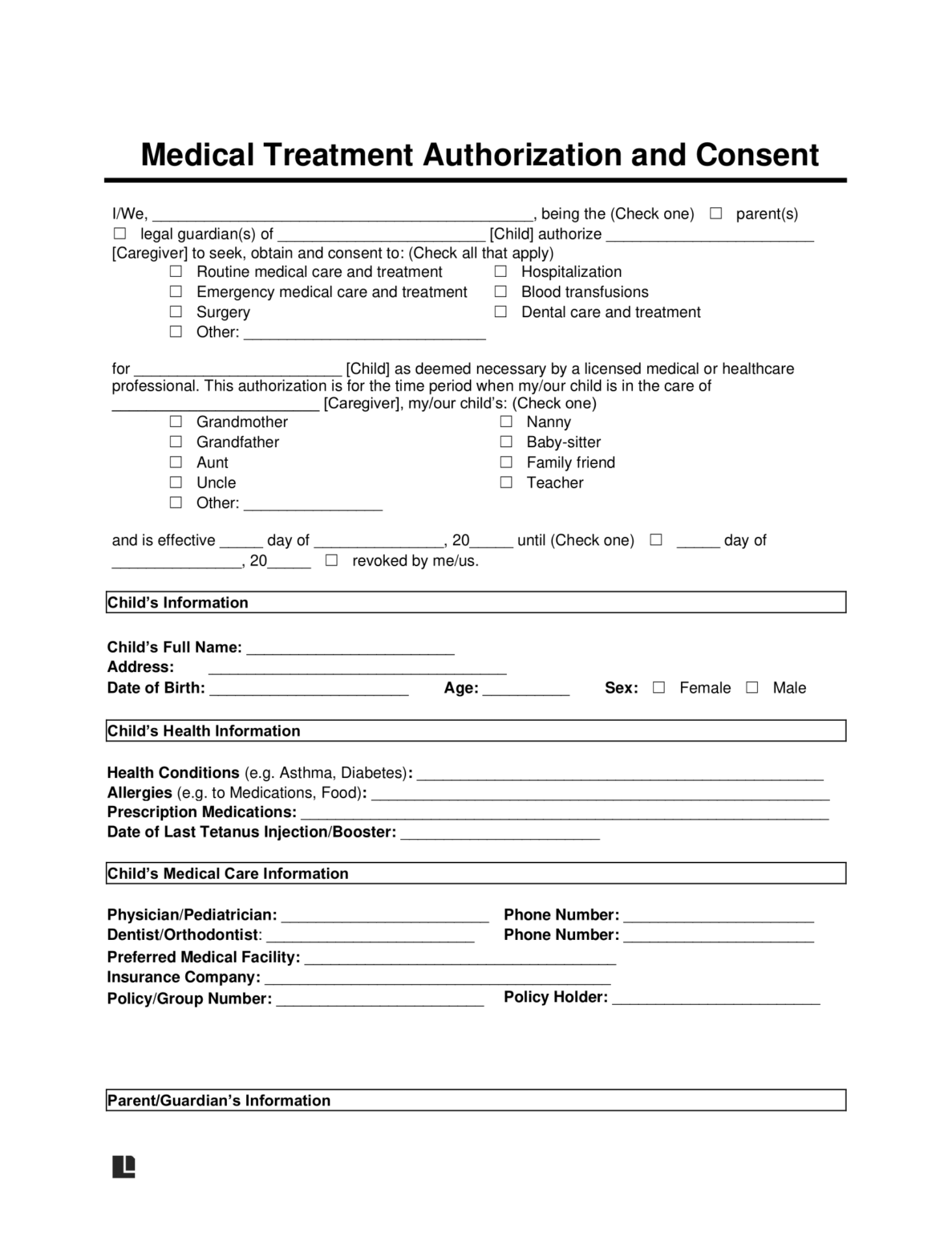 Free Child (Minor) Medical Consent Form | PDF & Word