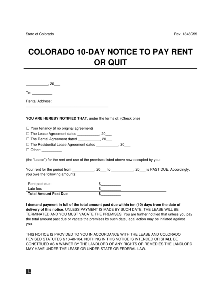 Free Colorado 10-Day Notice to Quit | Non-Payment of Rent | PDF & Word