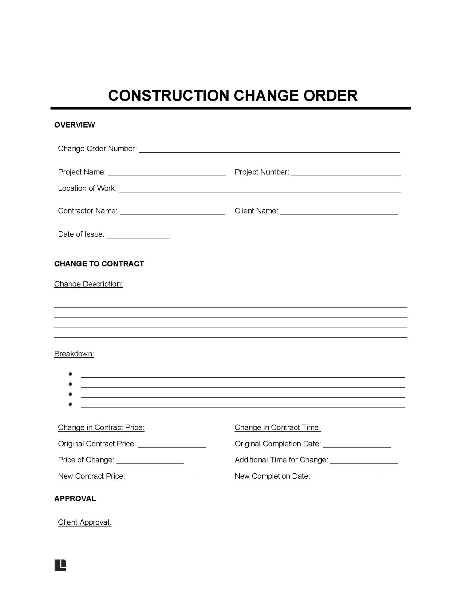 Free Construction Change Order Form | PDF & Word