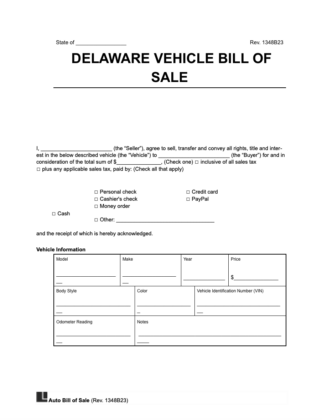 Free Delaware Motor Vehicle Bill of Sale Form | Legal Templates