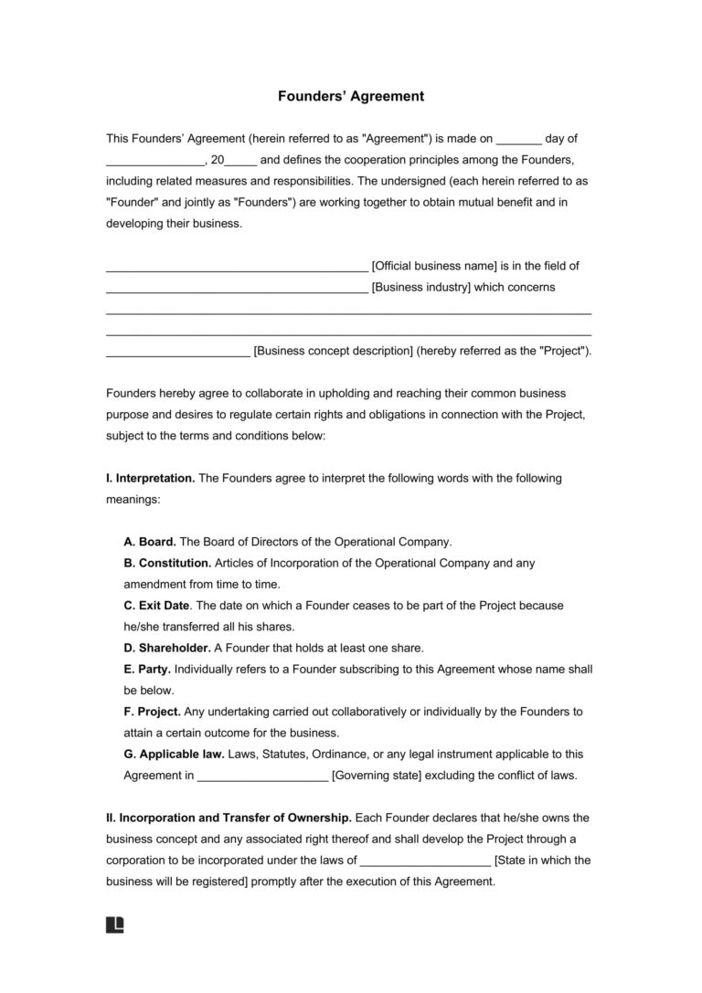 Free Founders' Agreement Template | Printable PDF & Word