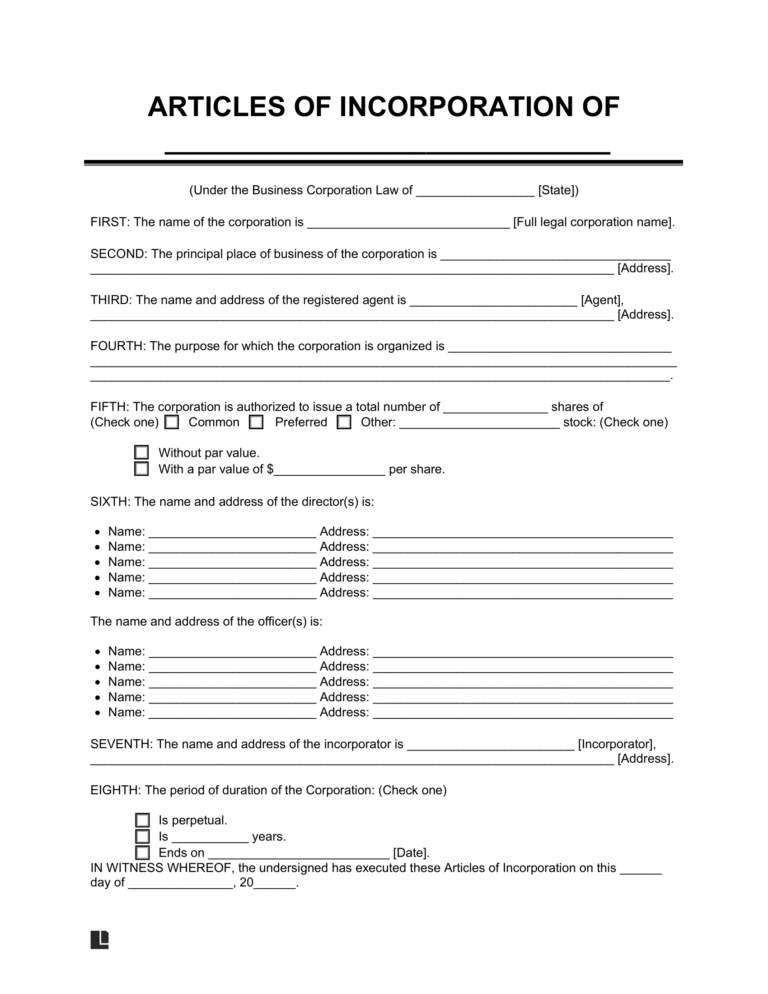 Free Articles of Incorporation Form | Requirements & Template