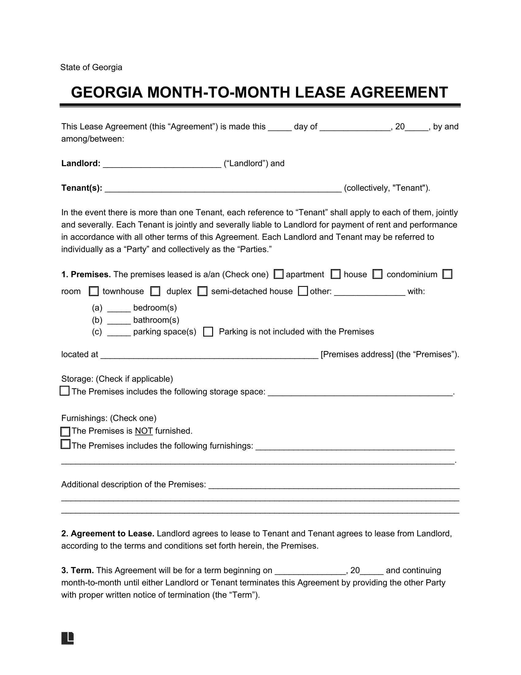 Free Georgia Month to Month Rental Agreement PDF Word