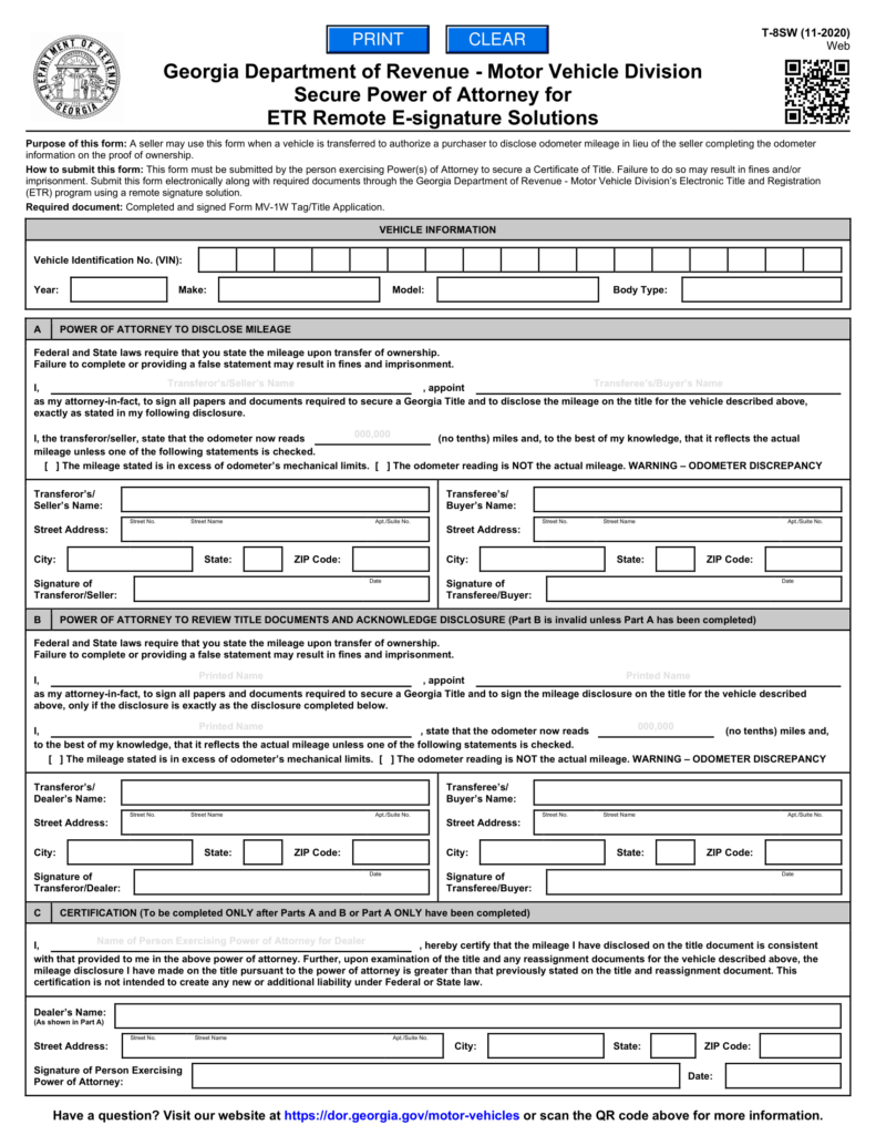 Free Georgia Motor Vehicle Power of Attorney | Form T-8 | PDF Download