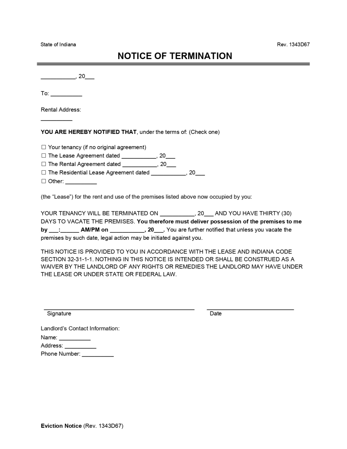Free Indiana 30-Day Notice to Vacate | Lease Termination Letter | PDF ...
