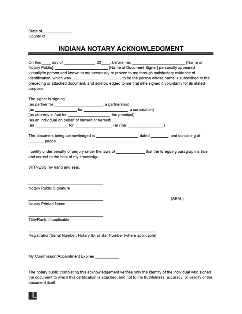 Free Indiana Notary Acknowledgment Form | PDF & Word