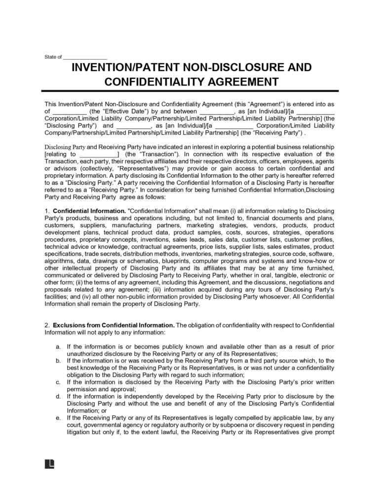 Free Patent/Invention Non-Disclosure Agreement Template | PDF & Word