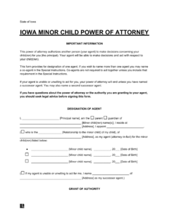 Free Iowa Minor (Child) Power of Attorney Form | PDF & Word