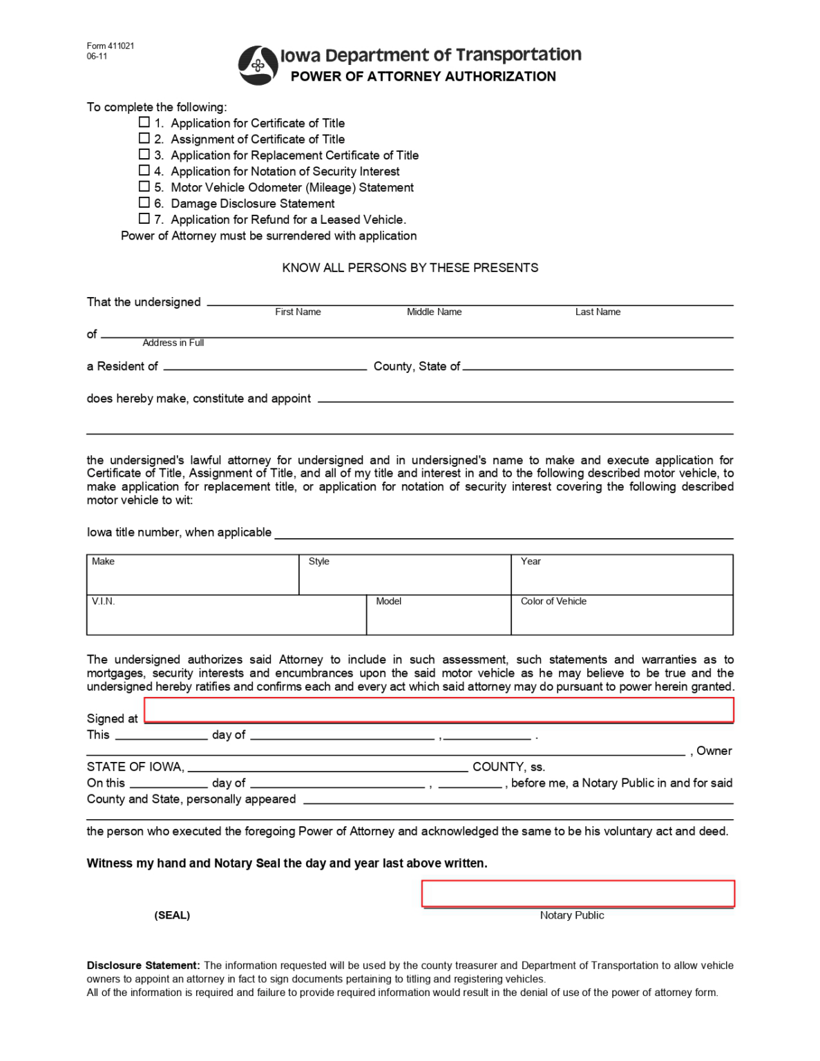Free Iowa Motor Vehicle Power of Attorney Form | Form 411021 | PDF Download