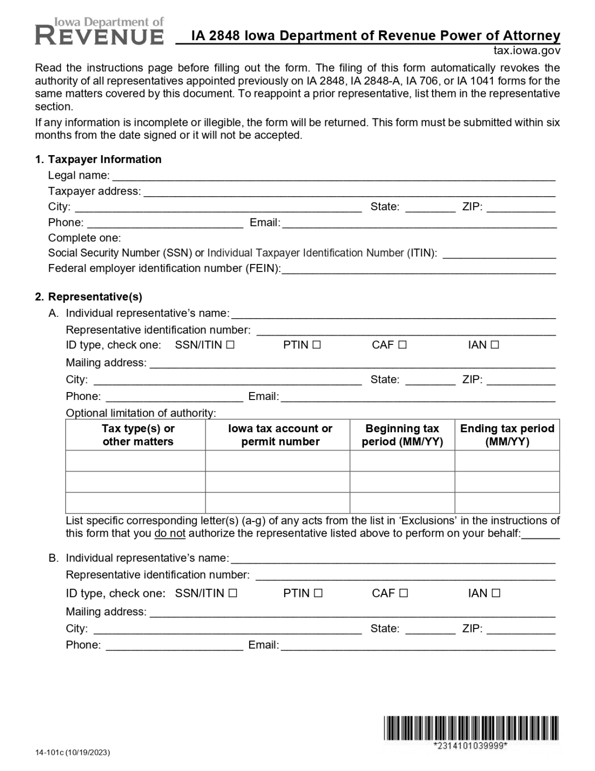 Free Iowa Tax Power of Attorney Form IA 2848 - PDF