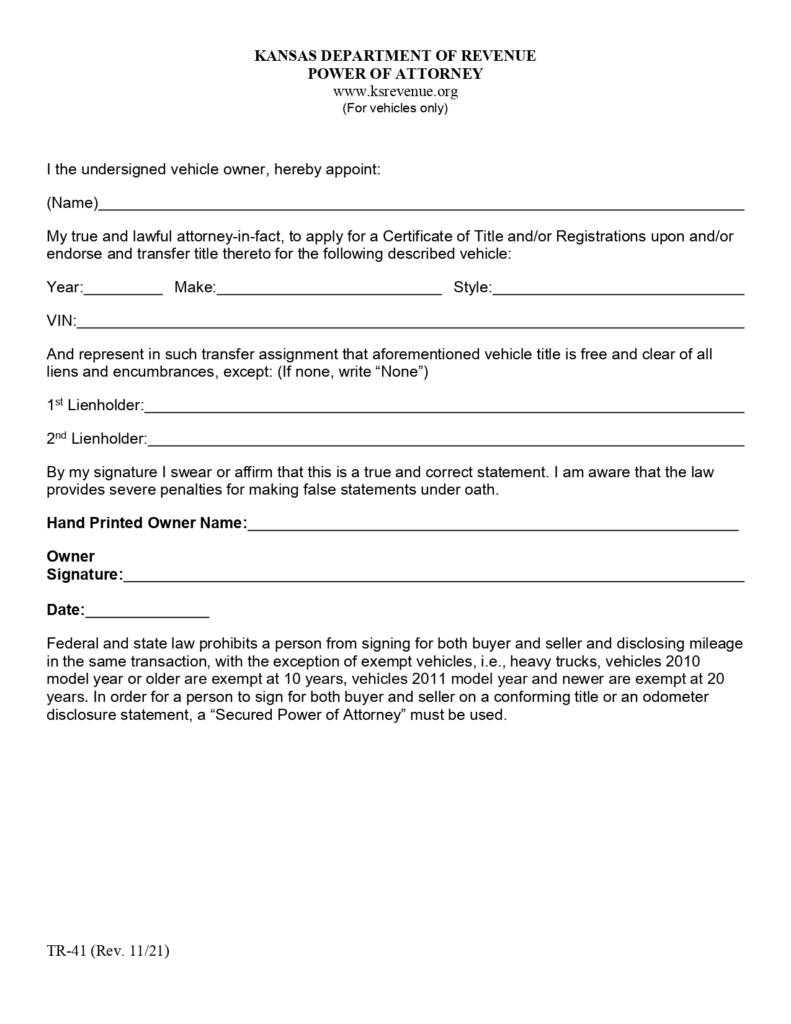 Free Kansas Motor Vehicle Power of Attorney Form | Form TR-41 | PDF ...