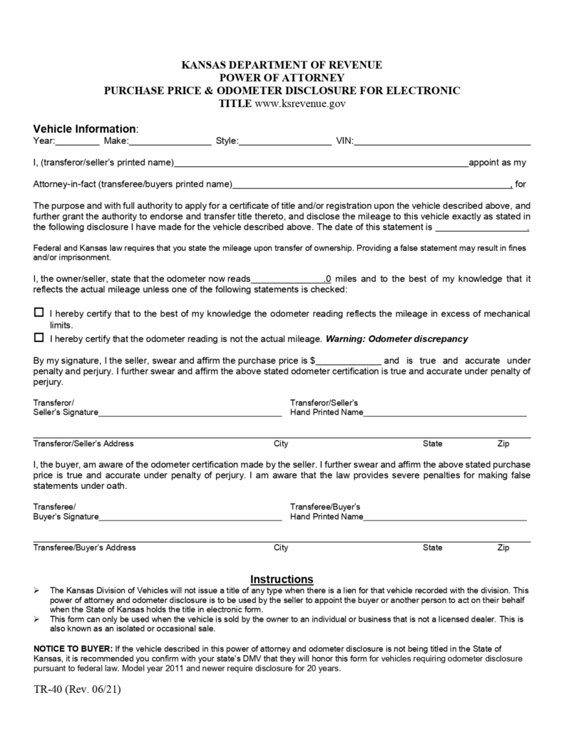 Free Kansas Motor Vehicle Power of Attorney Form | Form TR-41 | PDF ...