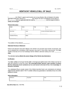 Free Kentucky Motor Vehicle Bill of Sale Form | Legal Templates