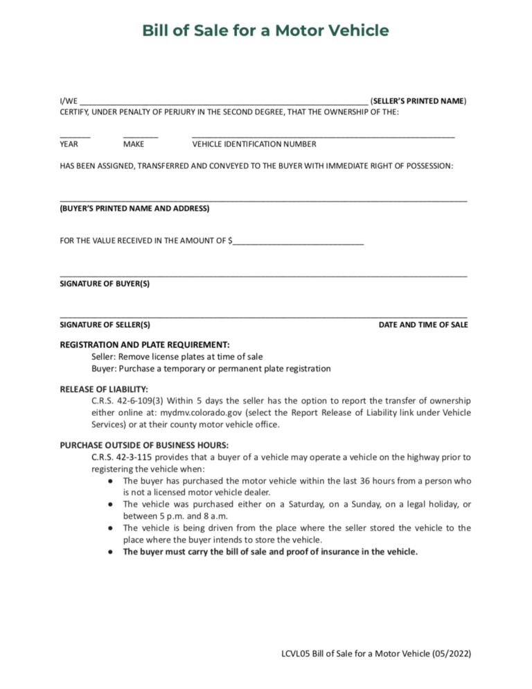 Free Colorado Motor Vehicle Bill of Sale Template | PDF & Word