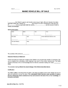 Free Maine Motor Vehicle Bill of Sale Form | Legal Templates