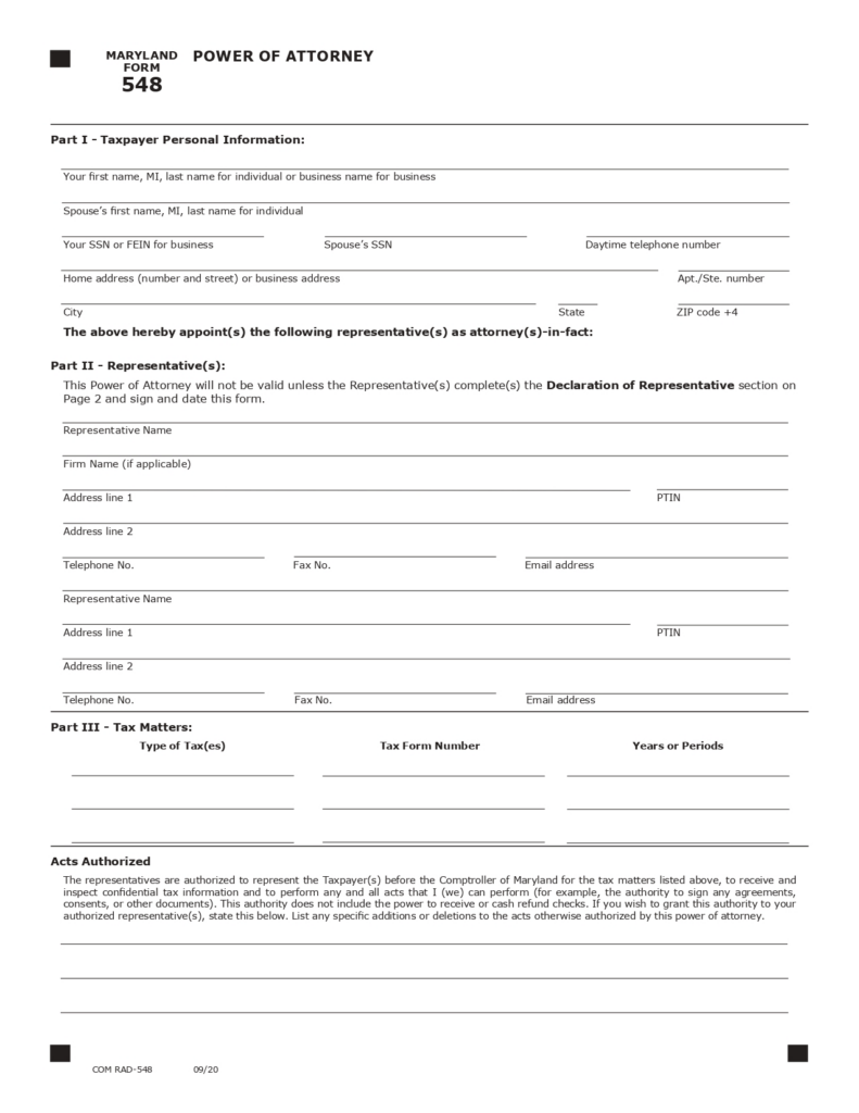 Free Maryland Tax Power of Attorney Form 548 - PDF