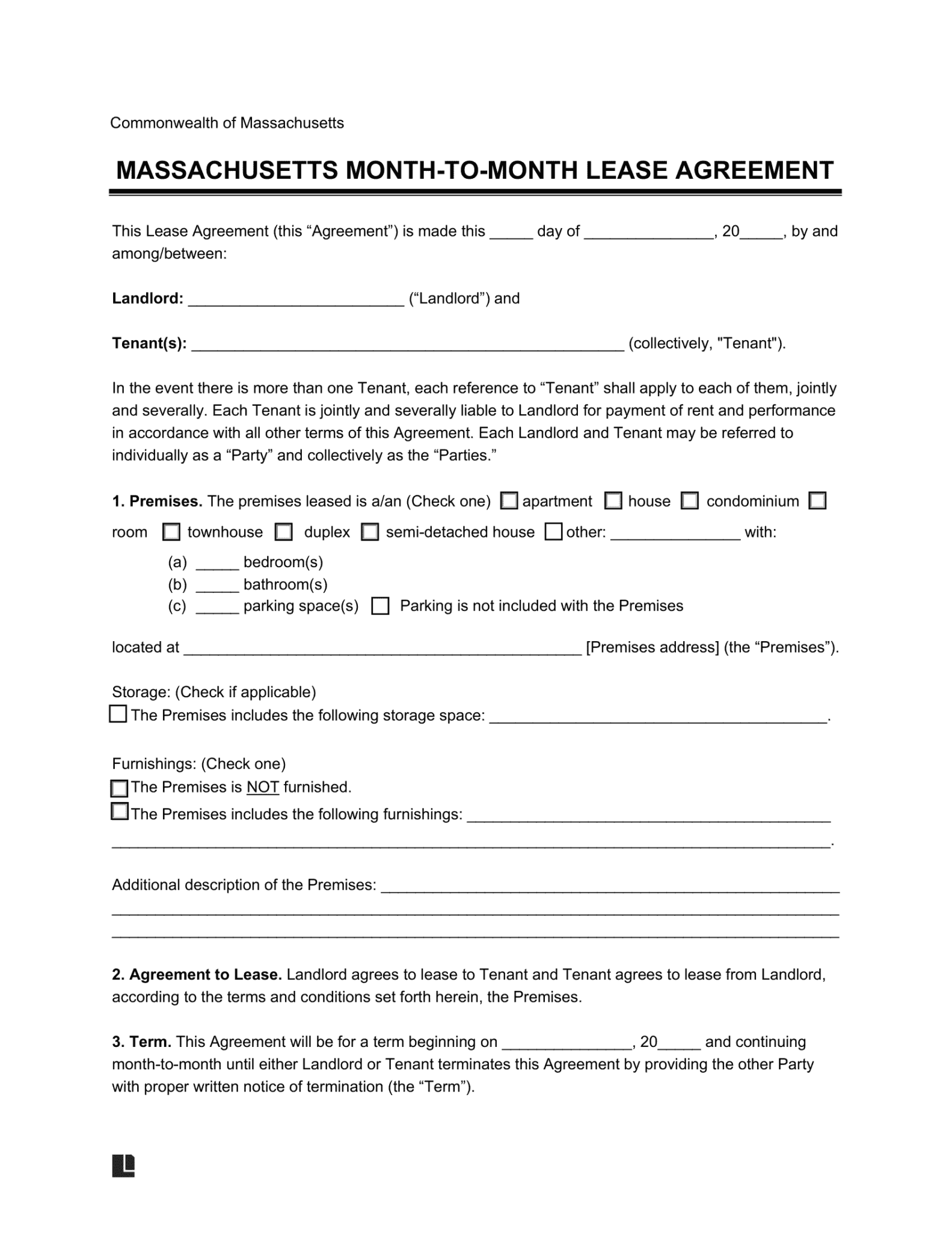 Free Massachusetts Month-to-Month Rental Agreement | PDF & Word