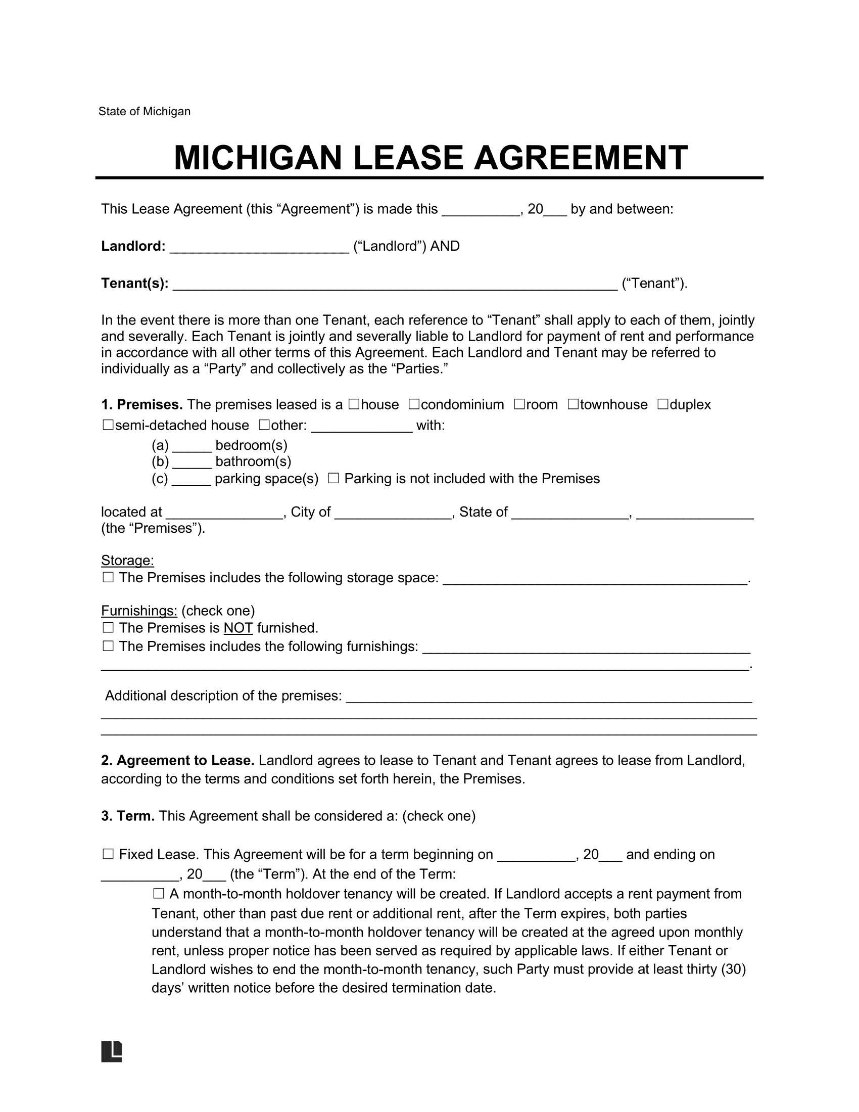 Free Michigan Residential Lease Agreement Template PDF Word
