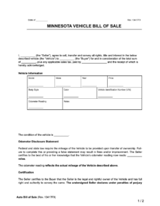 Free Minnesota Motor Vehicle Bill of Sale Form