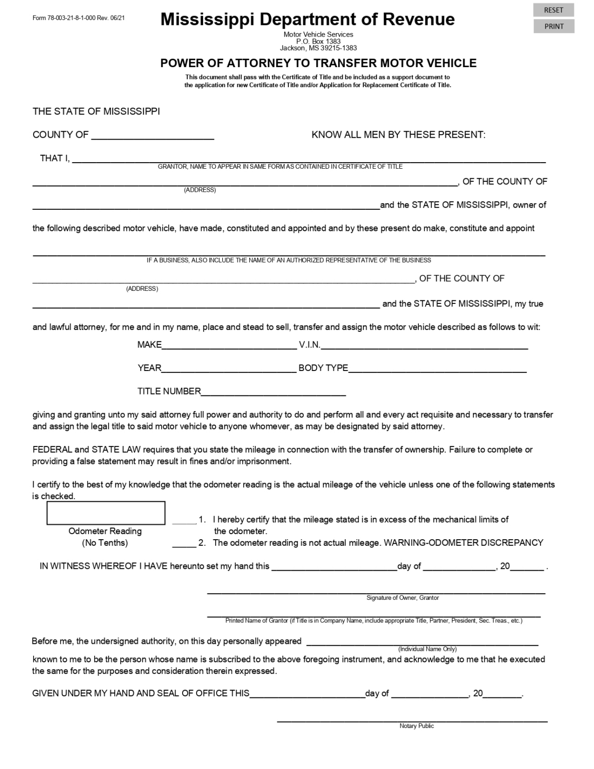 Free Mississippi Motor Vehicle Power of Attorney Form | Form 78-003-21 ...