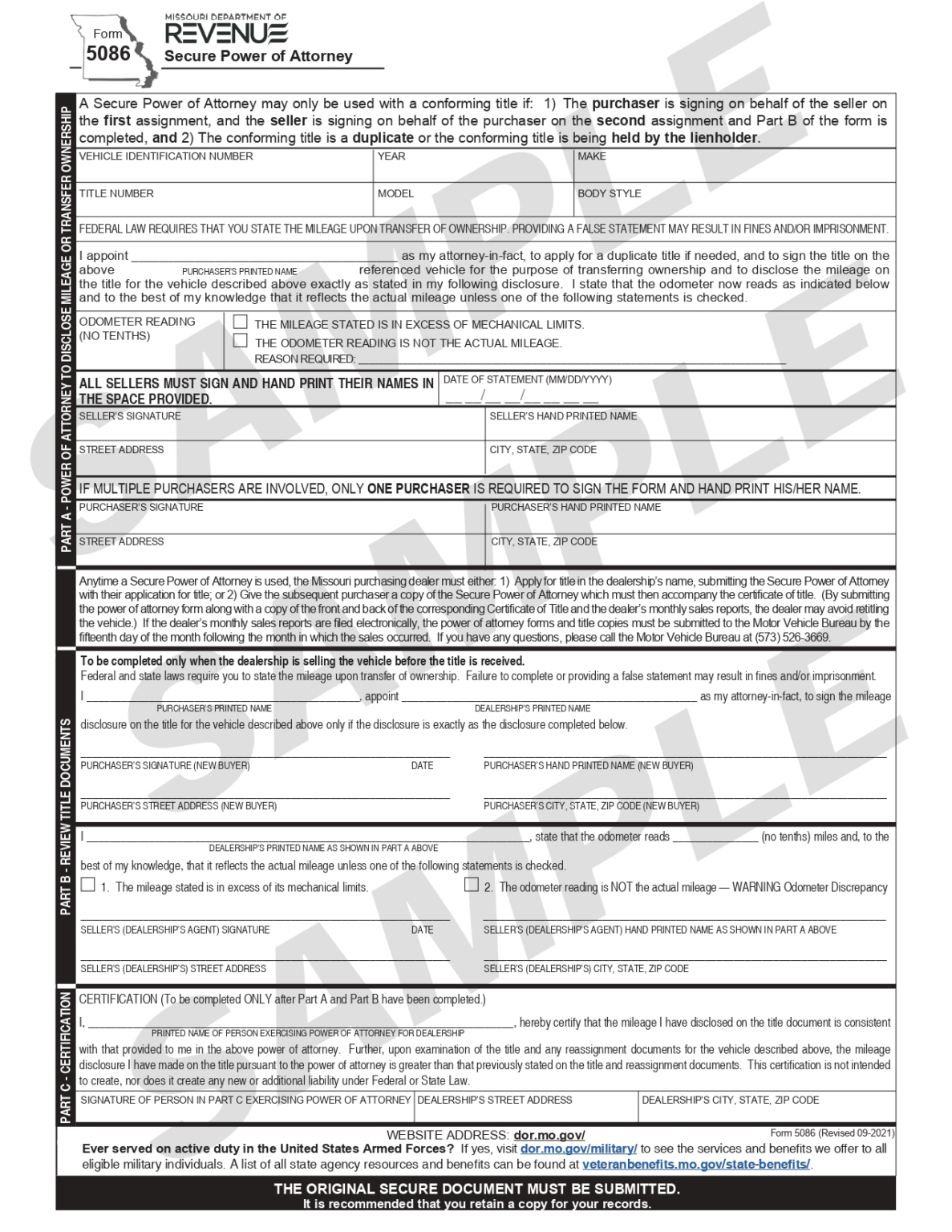 Free Missouri Motor Vehicle Power of Attorney Form | Form 4054 | PDF Download