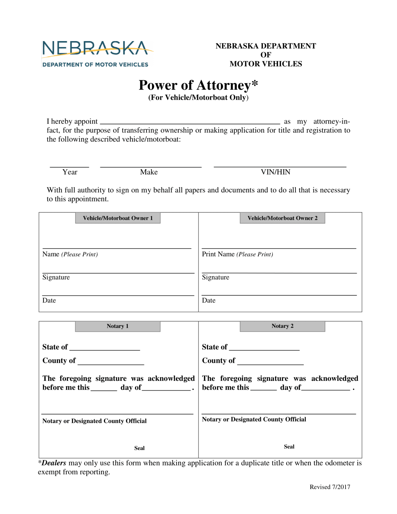 Free Nebraska Motor Vehicle Power of Attorney Form | PDF Download