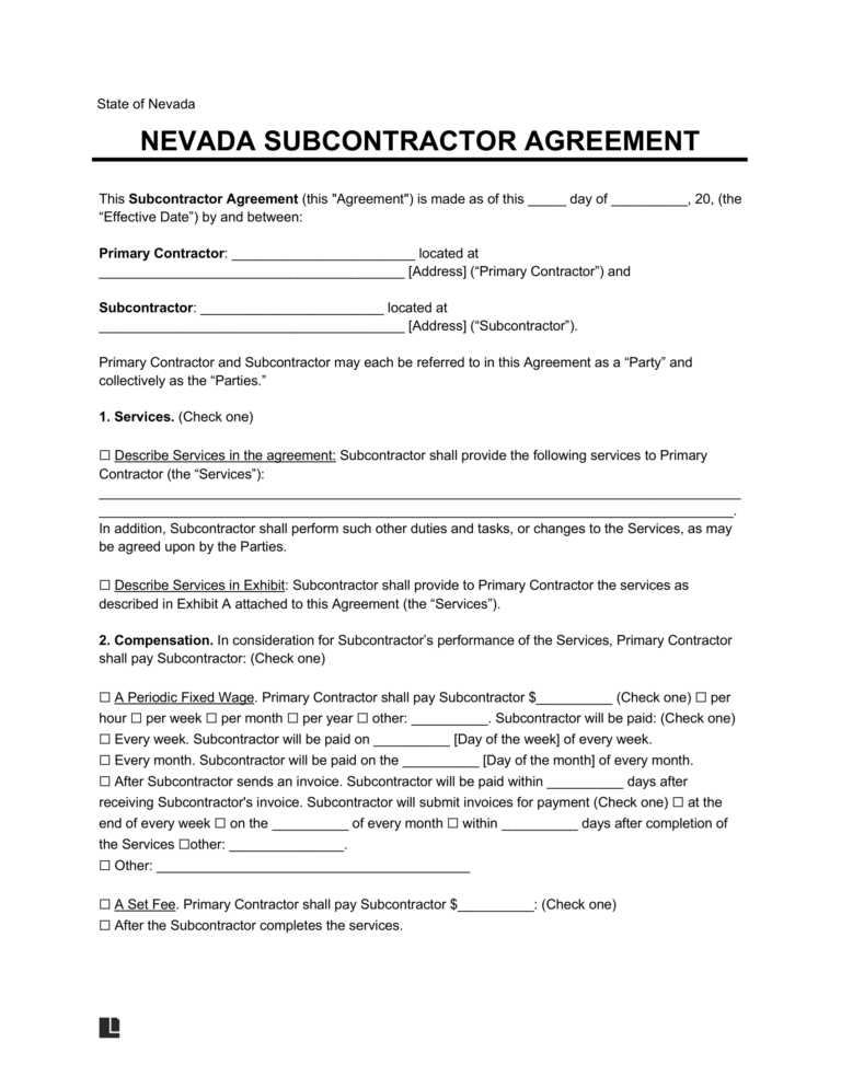 Free Nevada Subcontractor Agreement | PDF & Word