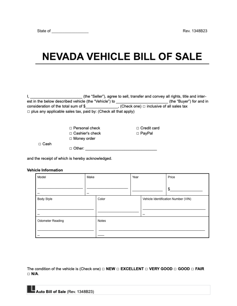Free Nevada Motor Vehicle Bill of Sale Form | Legal Templates