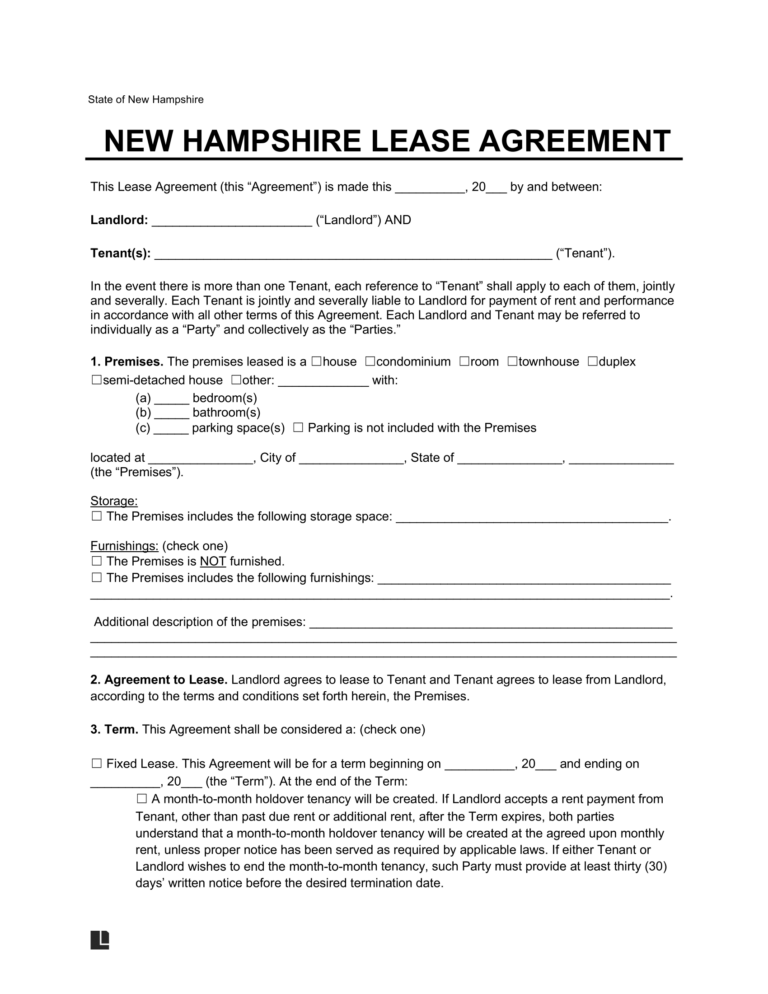 Free New Hampshire Lease Agreement Templates (6) | PDF & Word