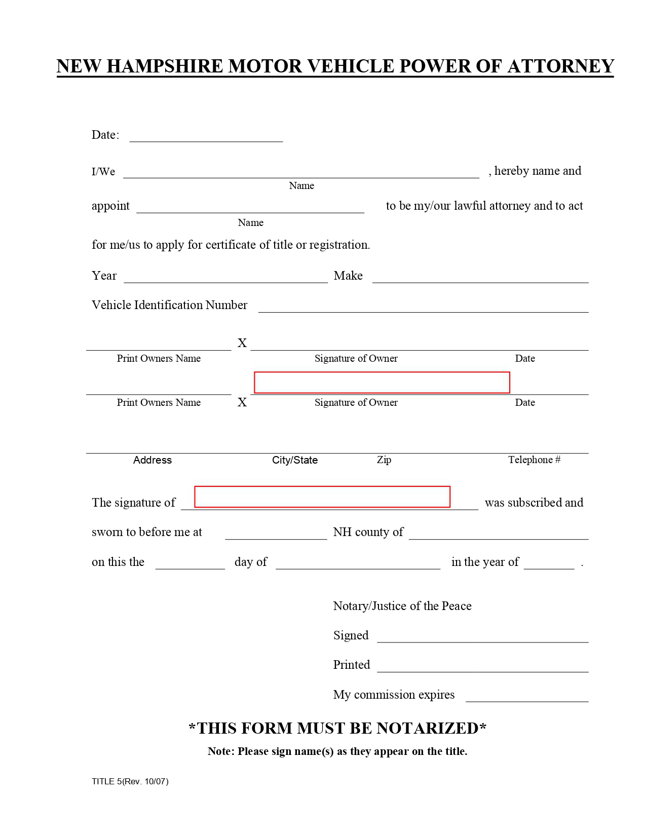 Free New Hampshire Motor Vehicle Power of Attorney | Form Title 5 | PDF ...