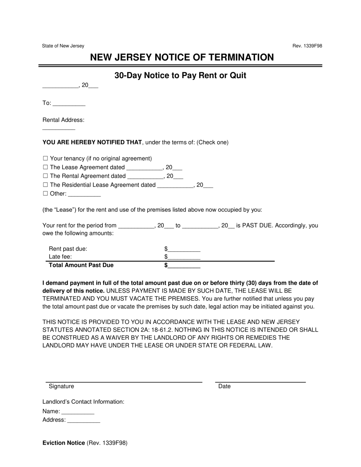 Free New Jersey 30-Day Notice to Quit | Non-Payment of Rent | PDF & Word