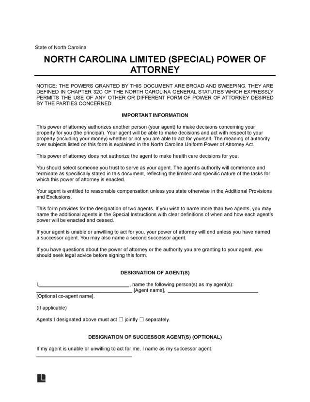 Free North Carolina Minor (Child) Power of Attorney Form | PDF & Word
