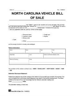 Free North Carolina Motor Vehicle Bill of Sale Form | Legal Templates