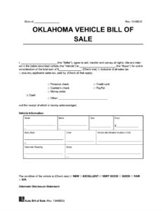 Free Oklahoma Motor Vehicle Bill of Sale Form | Legal Templates