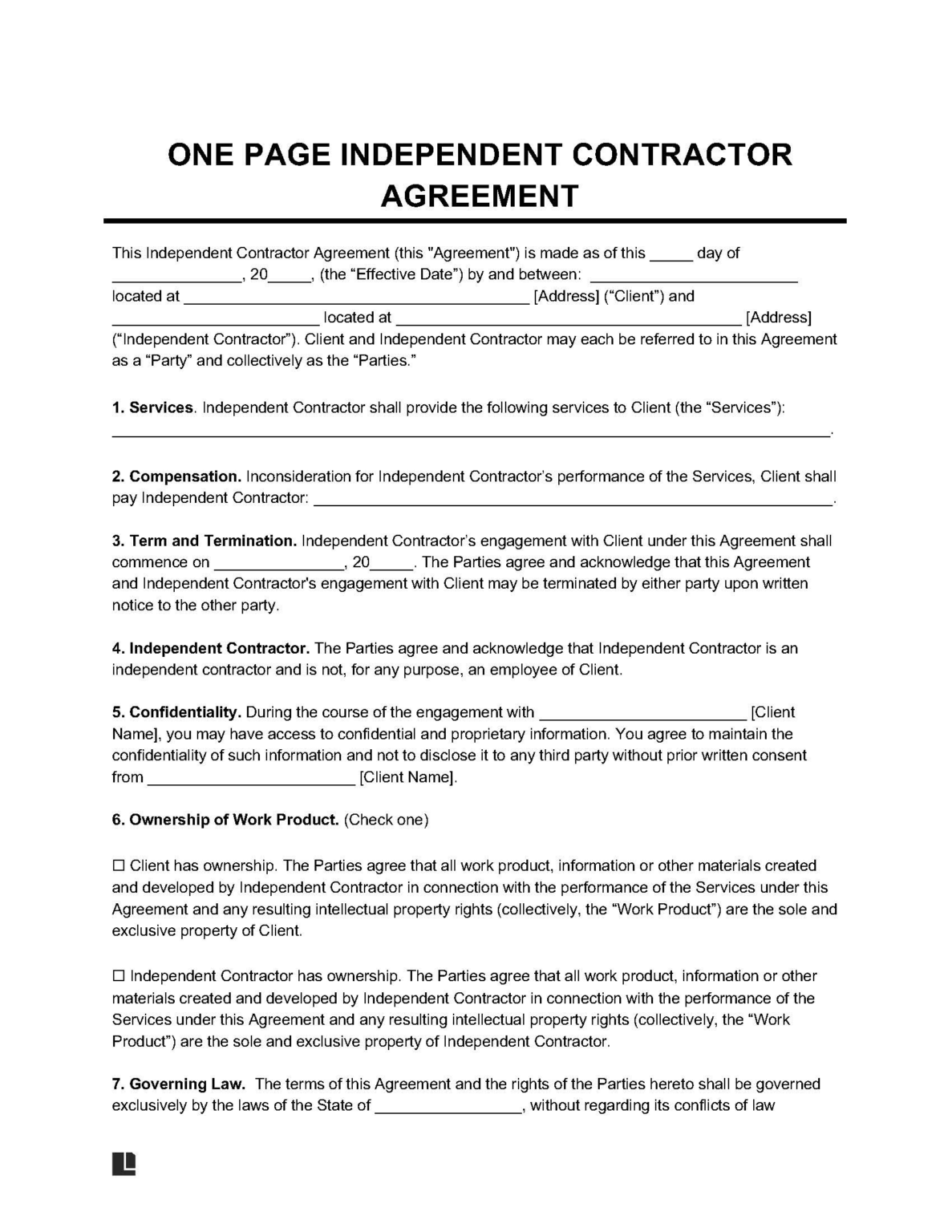 Free One-Page Independent Contractor Agreement Template | PDF & Word
