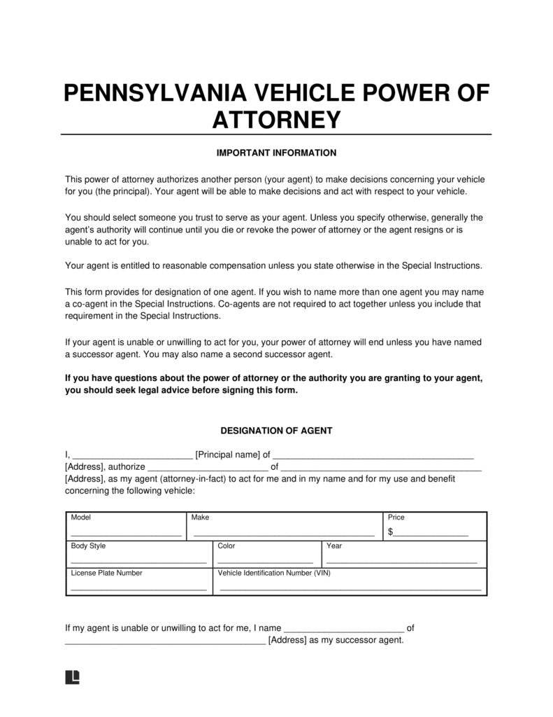 Free Pennsylvania Motor Vehicle Power of Attorney Form | PDF Download