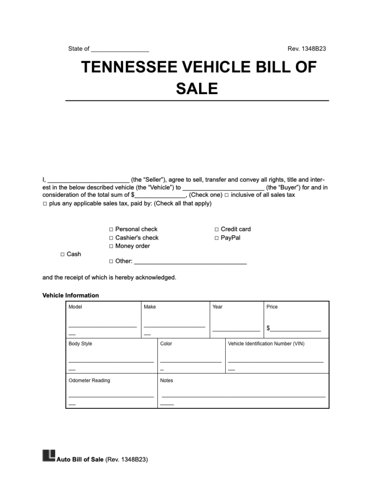 Free Tennessee Vehicle Bill of Sale Template [PDF & Word] | LegalTemplates