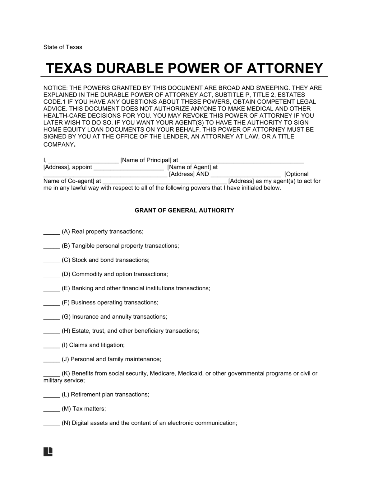Free Texas Durable (Statutory) Power of Attorney Form | PDF & Word