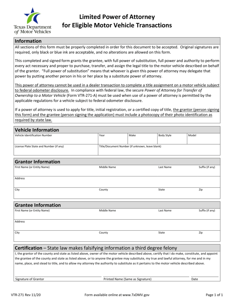 Free Texas Motor Vehicle Power of Attorney Form | Form VTR-271 | PDF Download