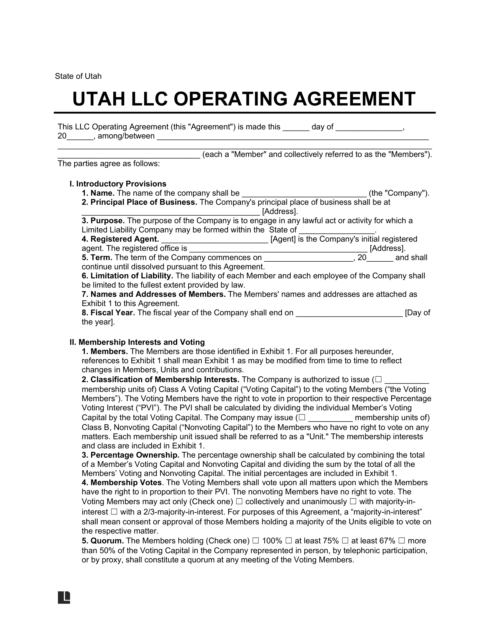 Free Utah LLC Operating Agreement Template PDF Word