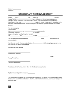 Free Utah Notary Acknowledgment Form | PDF & Word