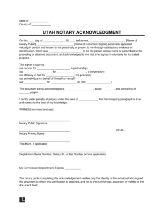 Free Utah Notary Acknowledgment Form | PDF & Word